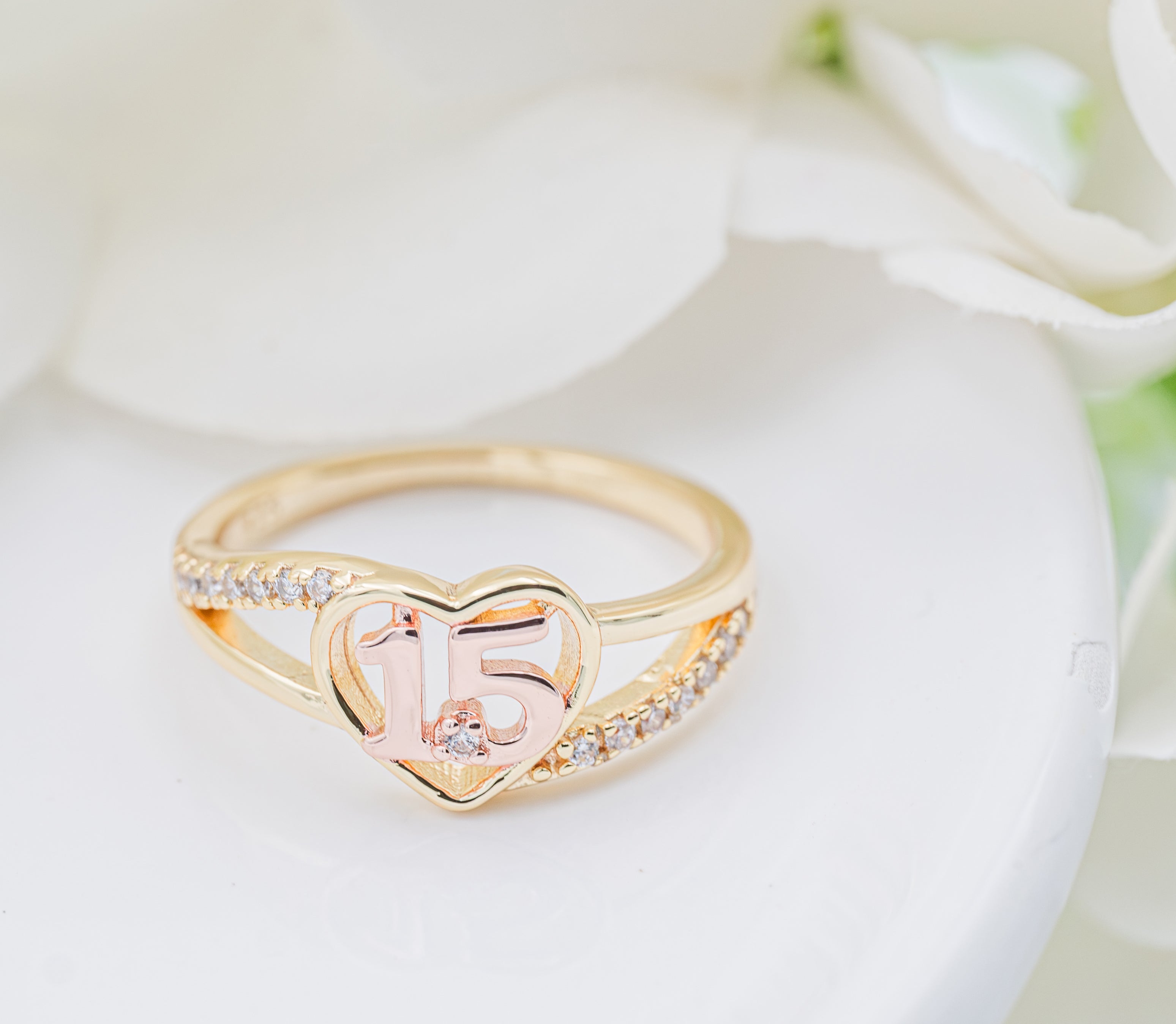 14K Gold Quinceanera Heart Ring for Girls Sweet 15 Birthday Gift ...