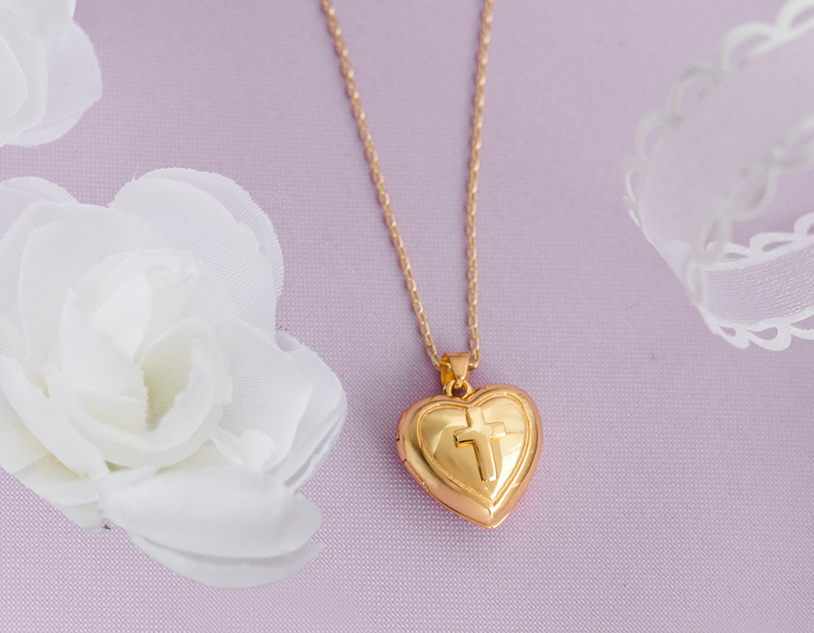 Children's 14k Gold Plated Heart Locket with Cross - First Communion ...